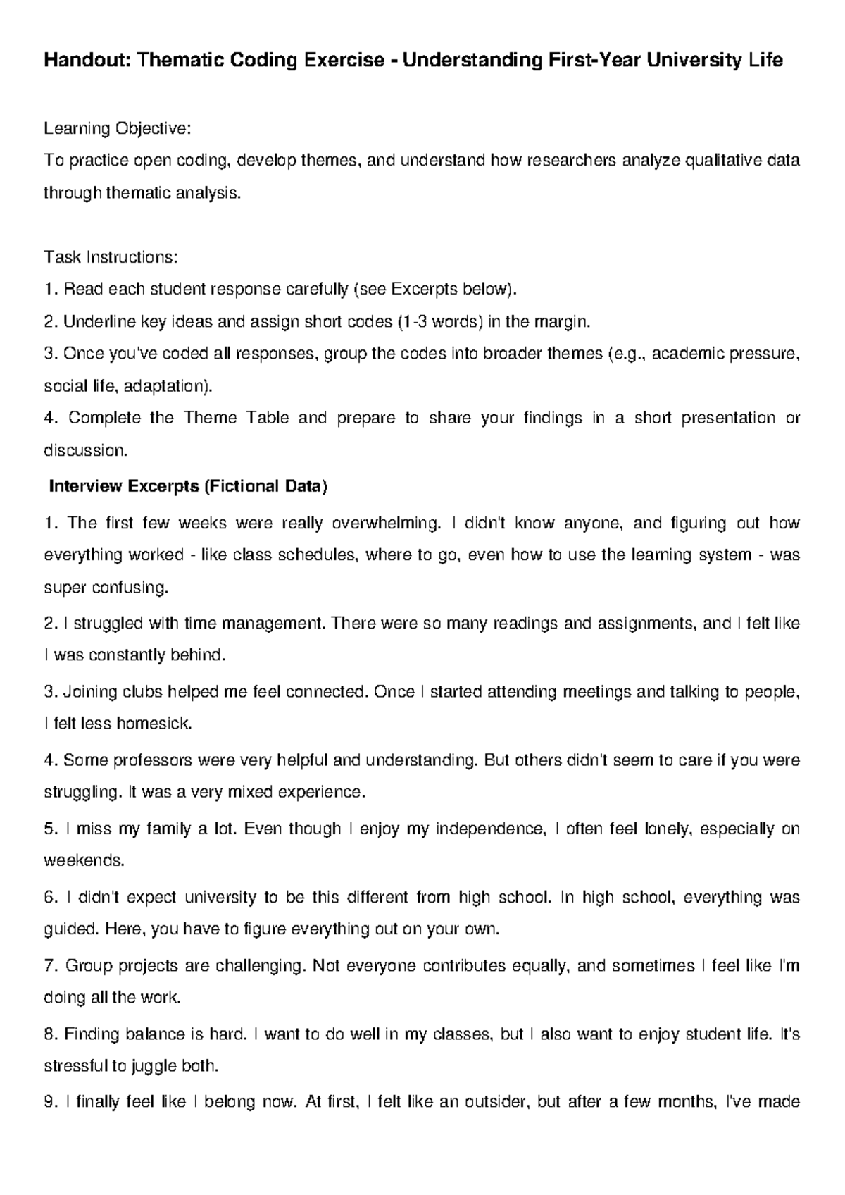 Thematic Coding Exercise Handout: Analyzing University Life Experiences ...