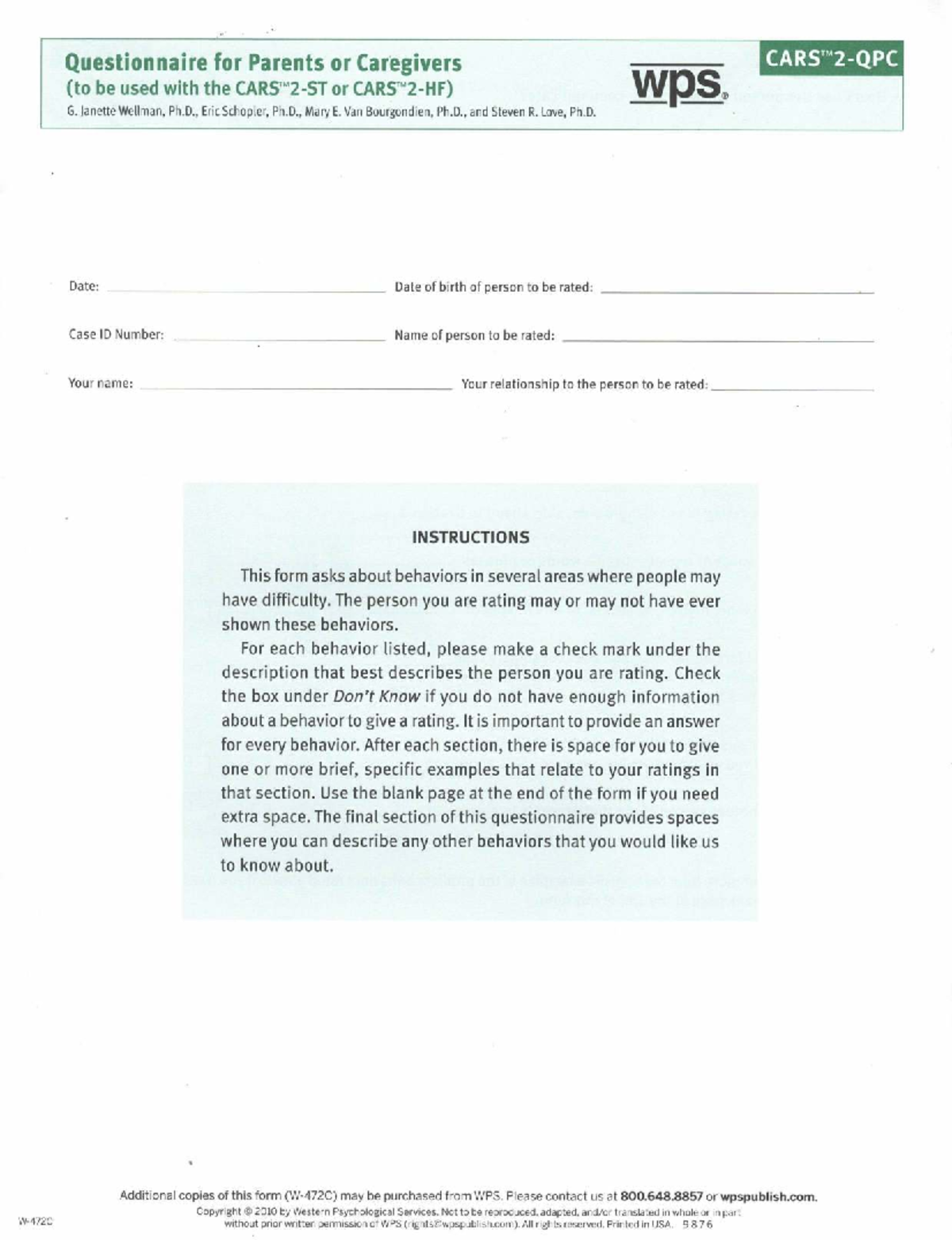 CARS 2 Questionnaire for Parents or Caregivers Evaluation - Studocu