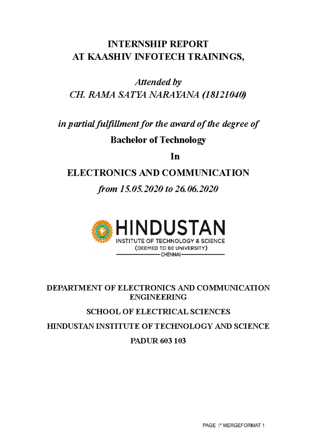 Internship Report: Kaashiv Infotech Training (B.Tech ECE) - Studocu
