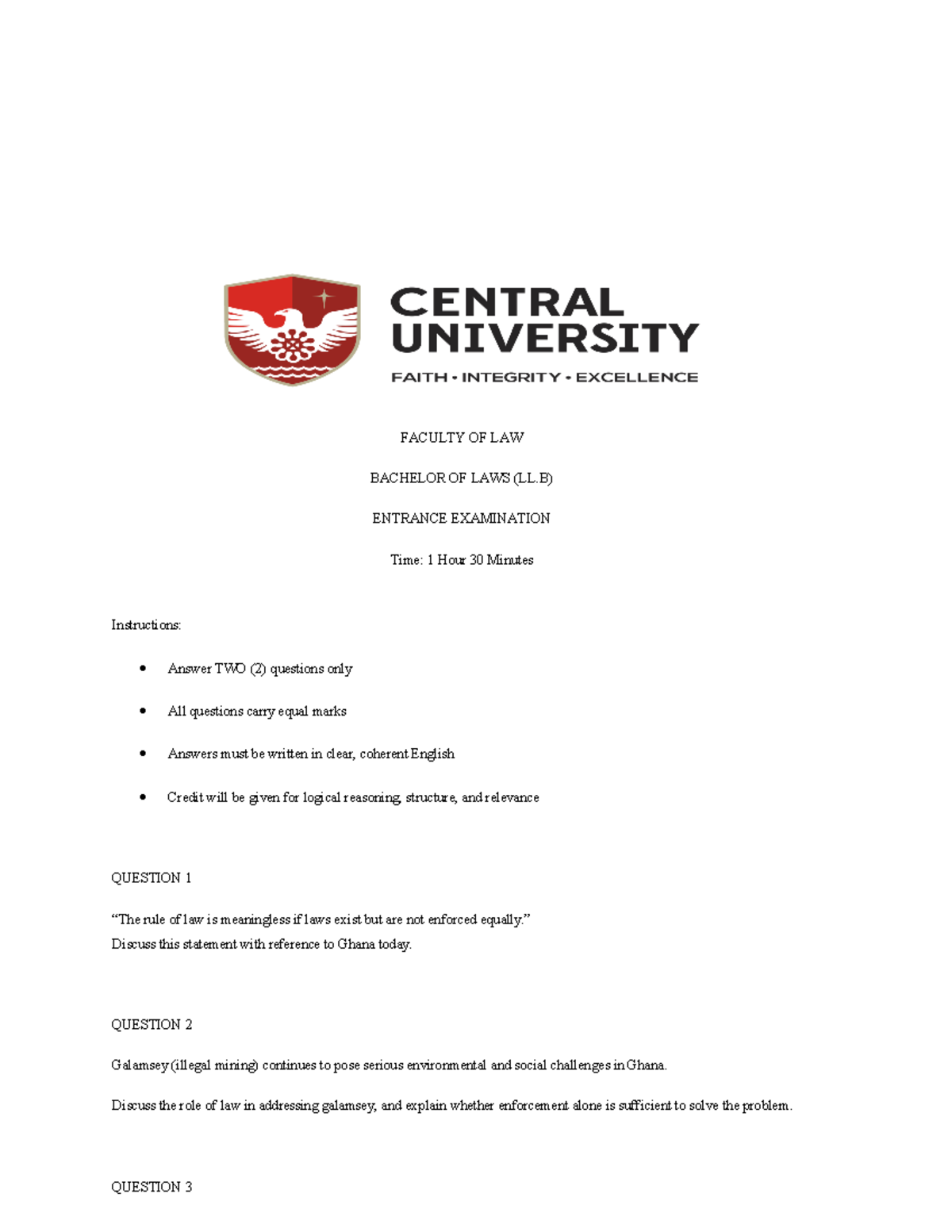 CU Entrance Exam LL.B 2026: Rule of Law & Galamsey Issues - Studocu