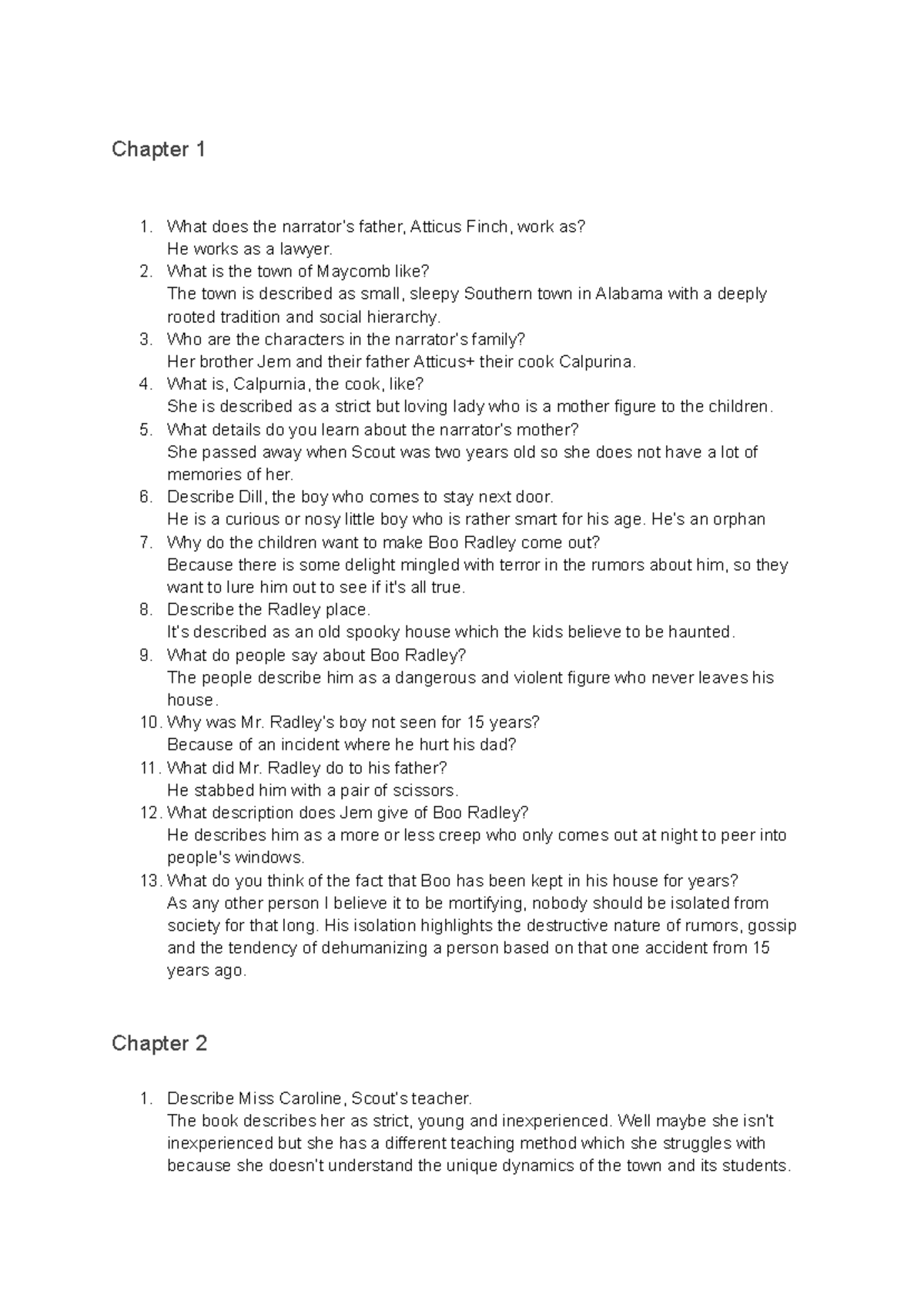 To Kill a Mockingbird - Chapter Questions and Analysis - Studocu