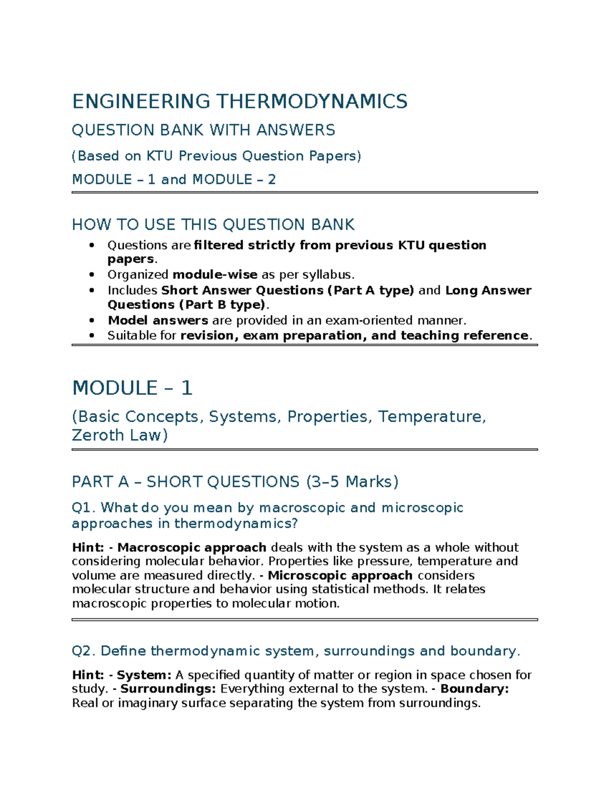 Engineering Thermodynamics KTU Question Bank: Modules 1 & 2 Answers - Studocu