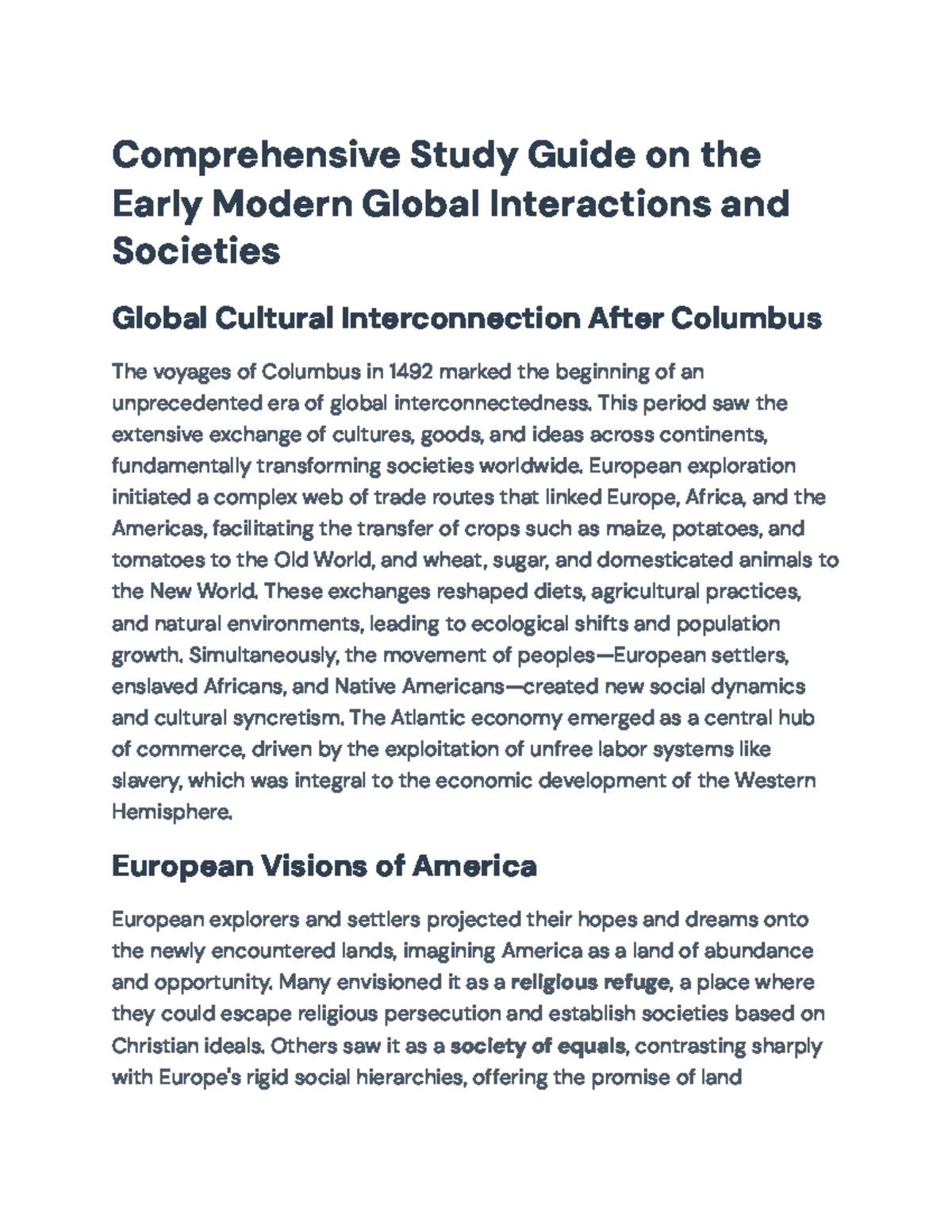 Comprehensive Study Guide on Early Modern Global Interactions (HIST 101 ...