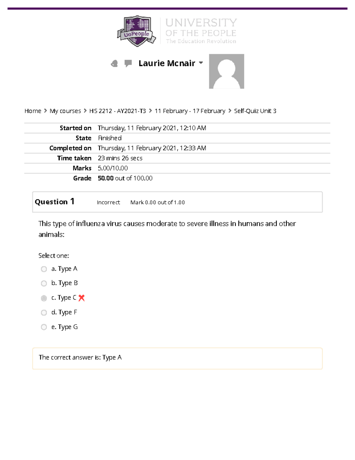 HS 2212 Self-Quiz Unit 3 Attempt review 1 - Started on Thursday, 11 ...