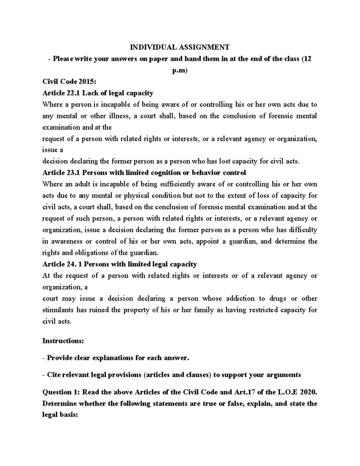 Civil Code Analysis: Individual Assignment - LOE2022 - Studocu