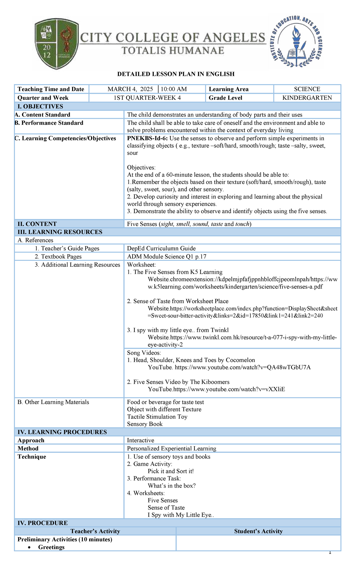 Detailed Lesson Plan for Kindergarten Science - DETAILED LESSON PLAN IN ...
