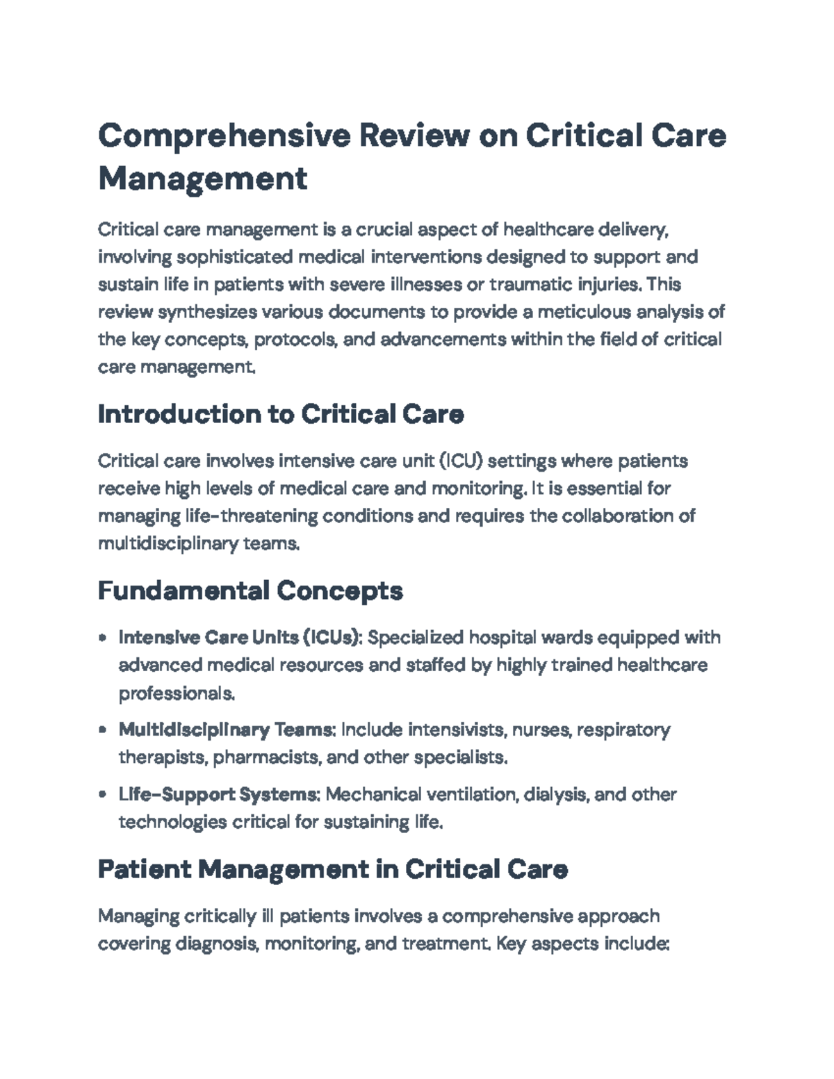 Comprehensive Review of Critical Care Management Strategies ...
