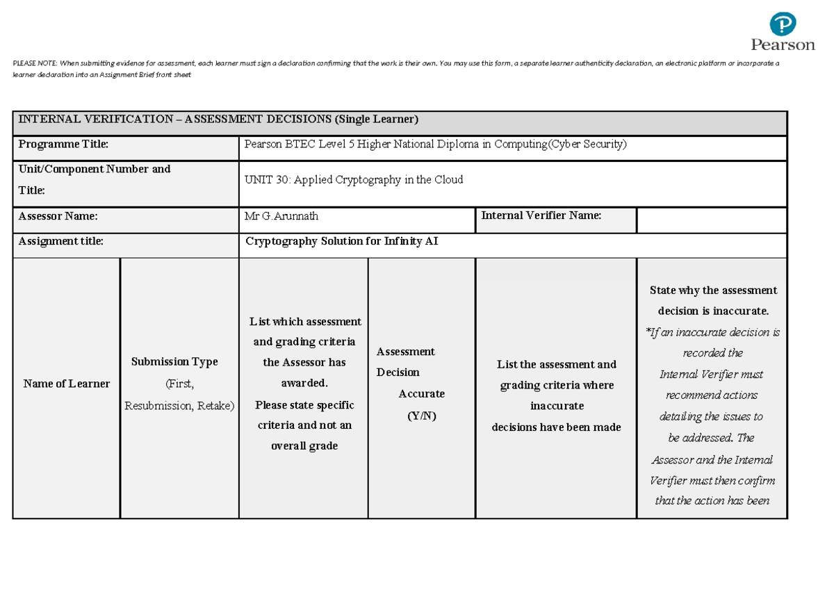 Unit 30: Applied Cryptography in the Cloud - Final Submission - Studocu