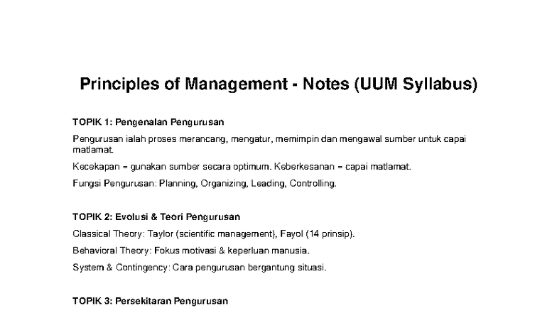 Principles of Management - Lecture Notes (UUM Syllabus) - Studocu