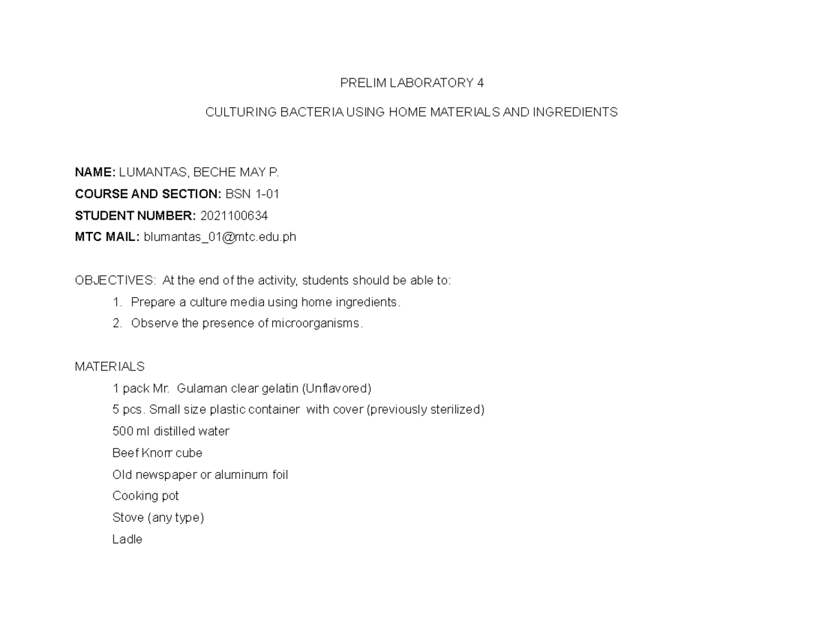 BSN 1- Final Lab Experiment 4: Culturing Bacteria with Home Ingredients ...