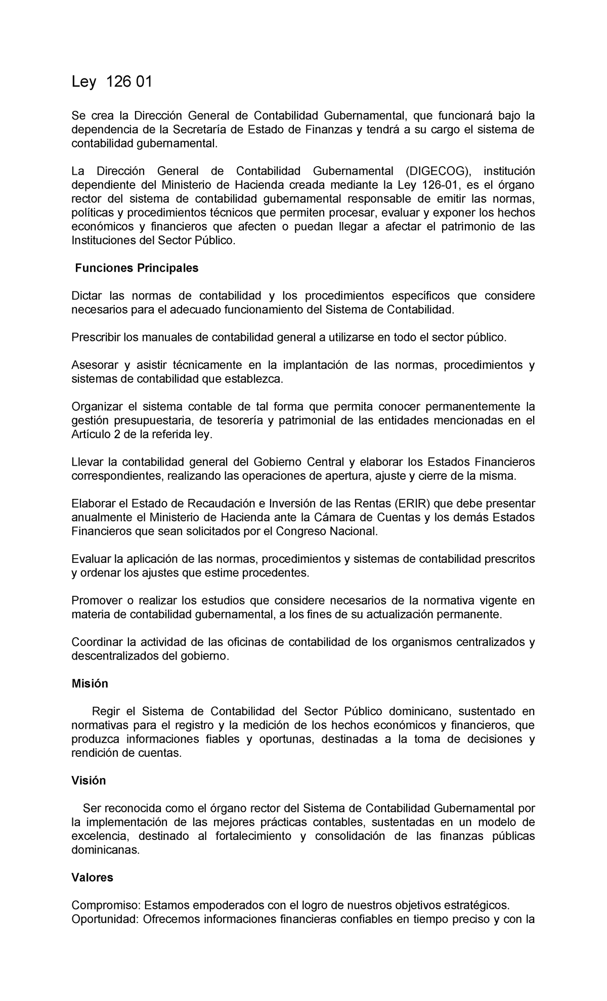 Ley 126-01: Resumen de la Contabilidad Gubernamental y DIGECOG - Studocu