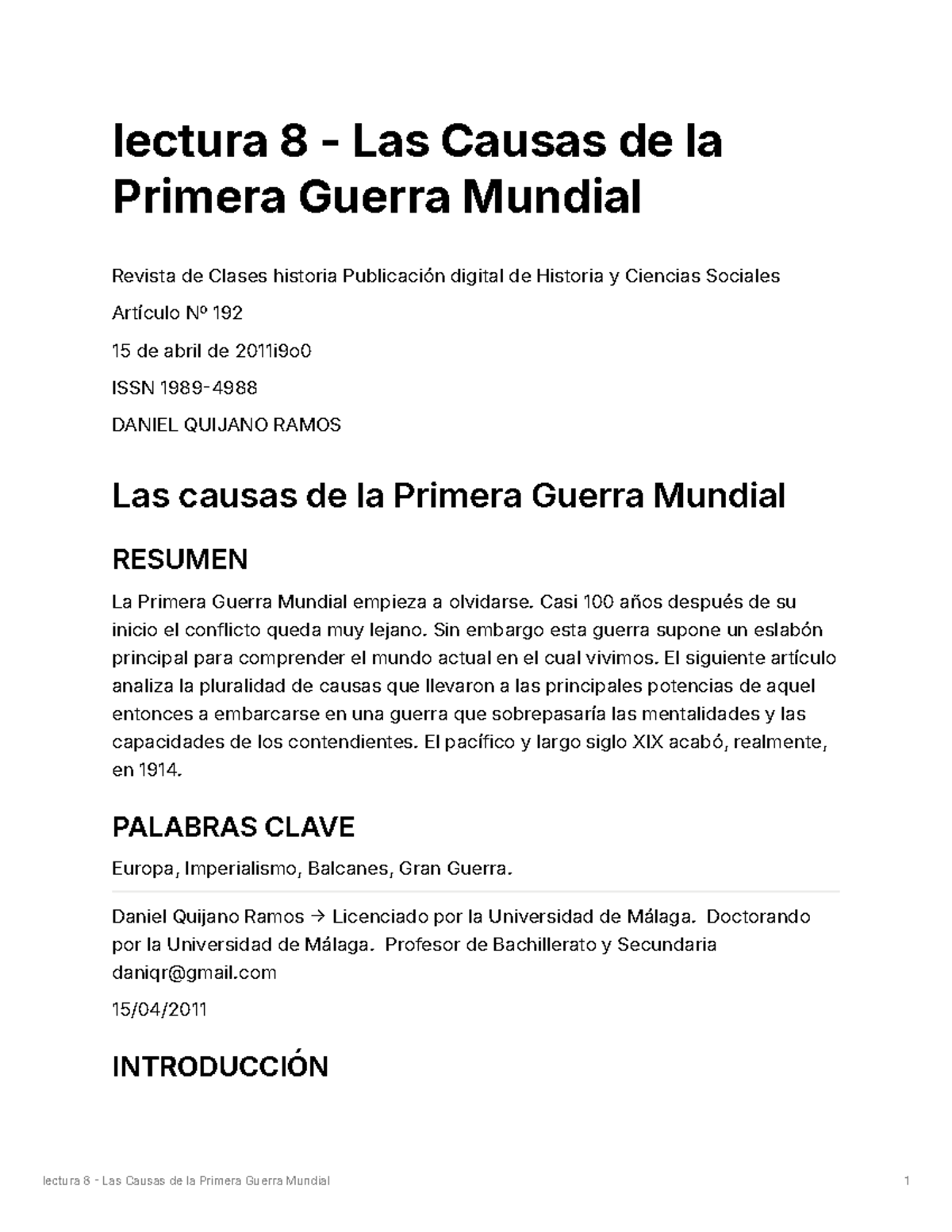Lectura 8: Análisis de las Causas de la Primera Guerra Mundial - Studocu