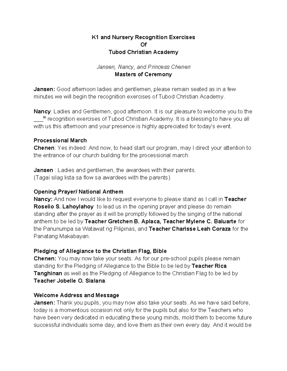 K1 & Nursery Recognition Exercises Script 2024 - Tubod Academy - Studocu