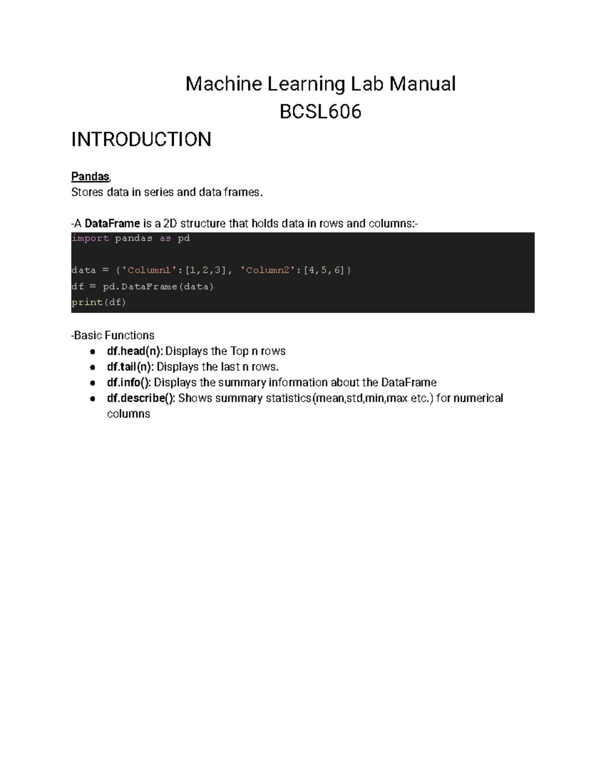 Machine Learning Lab Manual BCSL606: Data Analysis with Pandas & Sklearn - Studocu