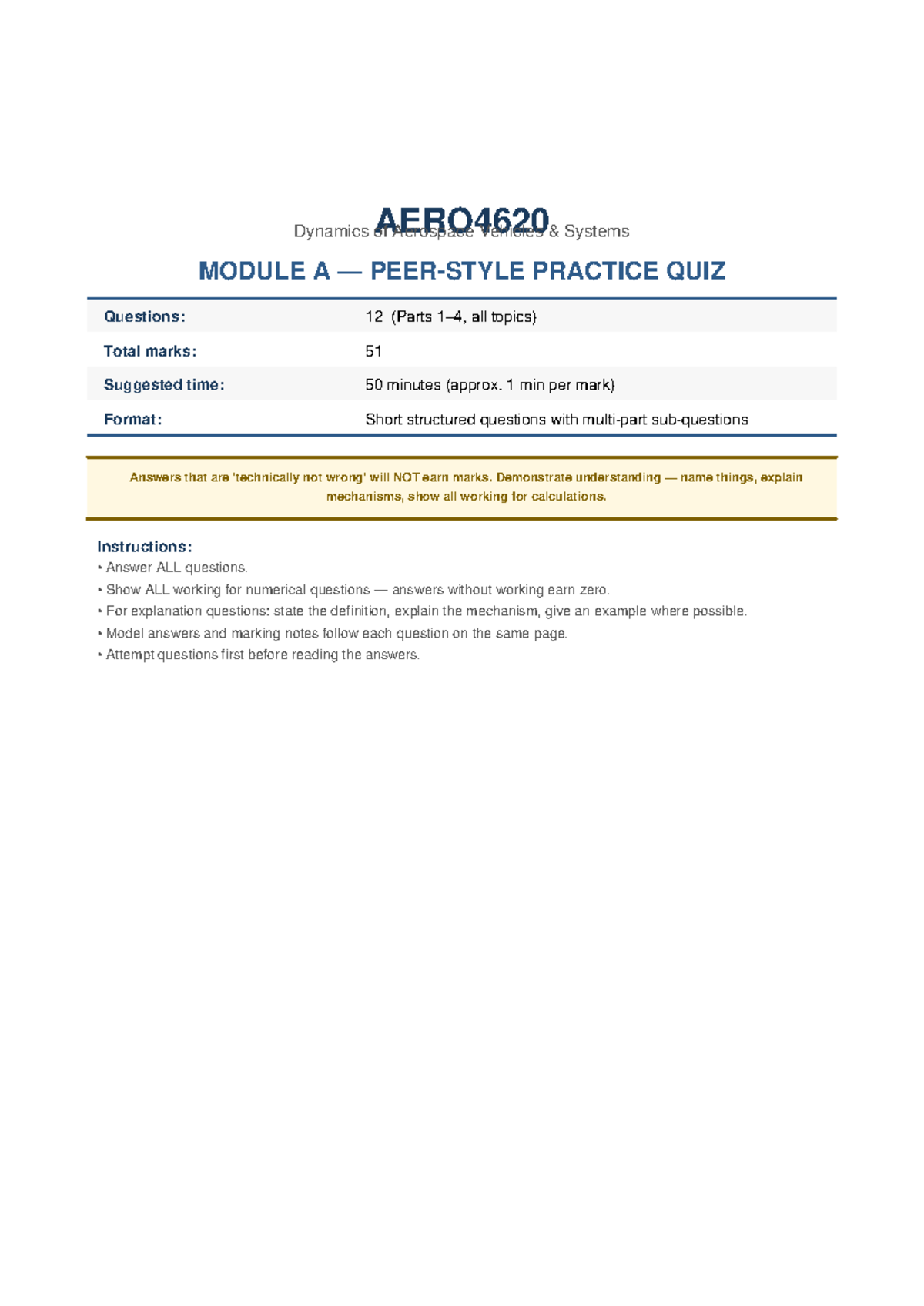 AERO4620 Dynamics of Aerospace Vehicles Systems Module A Practice Quiz ...