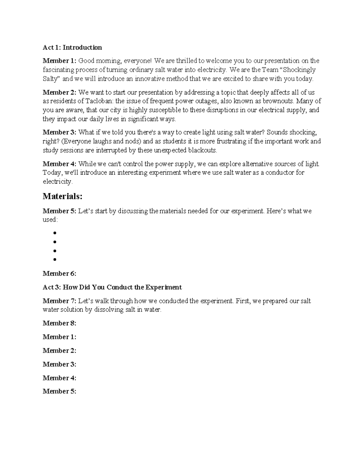 Physics (partial script) - Act 1: Introduction Member 1: Good morning ...
