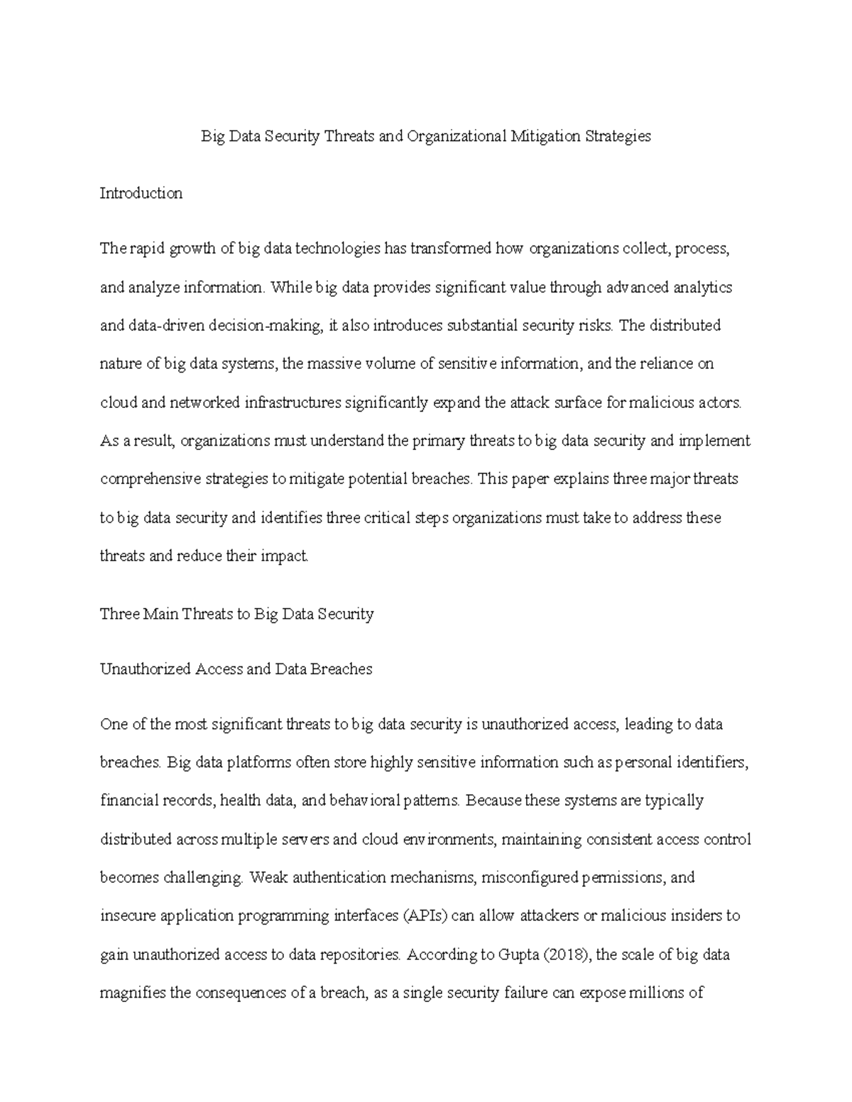 Unit 5 Assignment: Big Data Security Threats & Mitigation Strategies ...