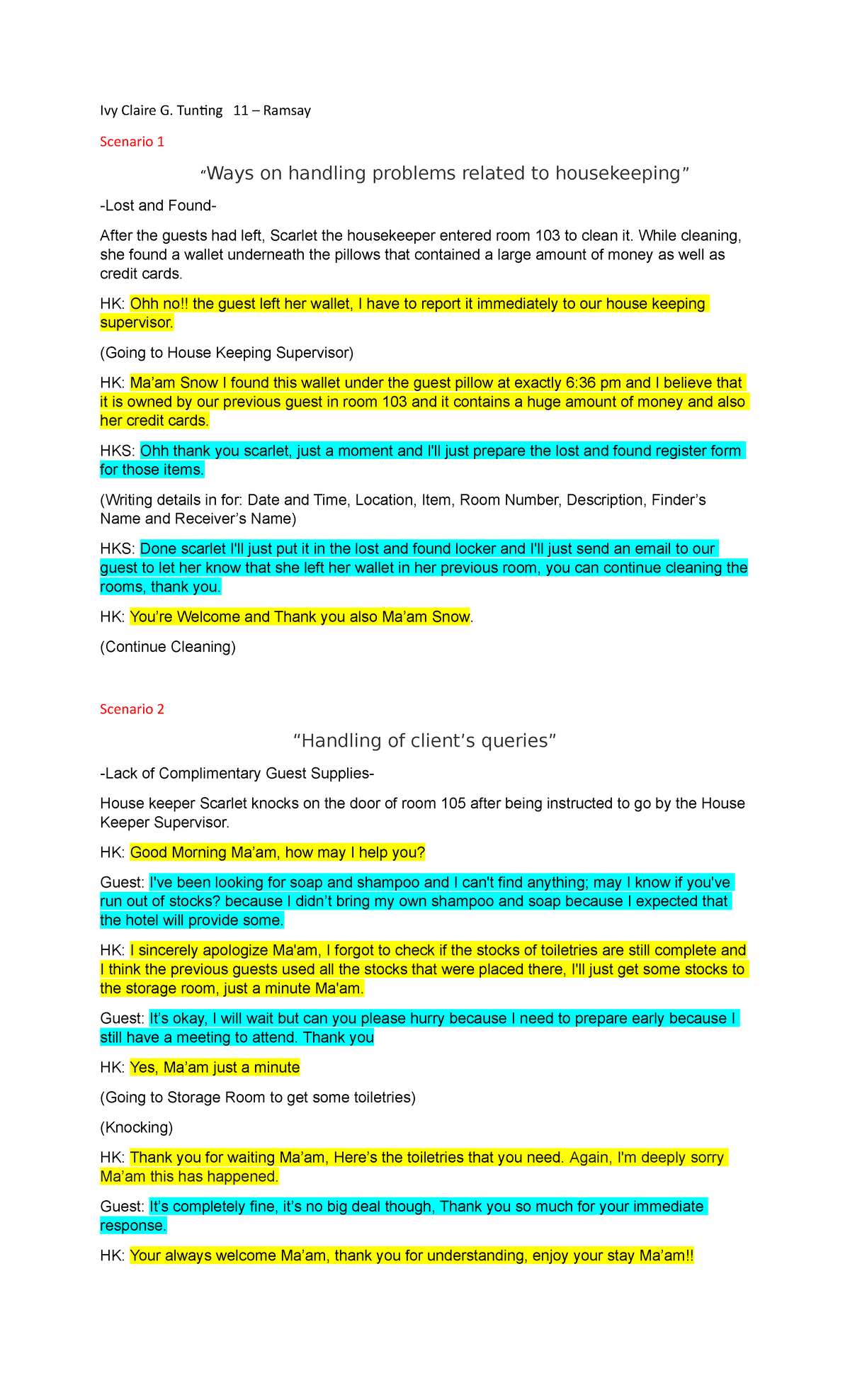 Grade 11 Housekeeping Script: Problem Handling Scenarios - Studocu