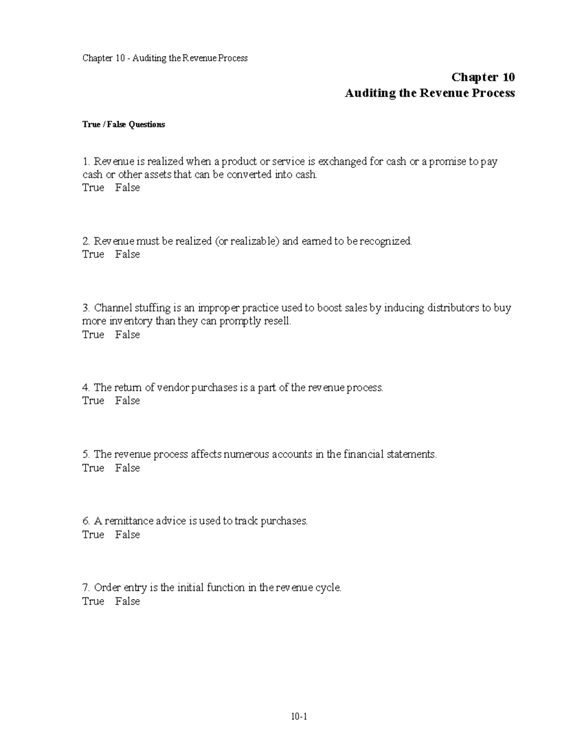 Chapter 10 Auditing the Revenue Process: True/False & MCQs - Studocu