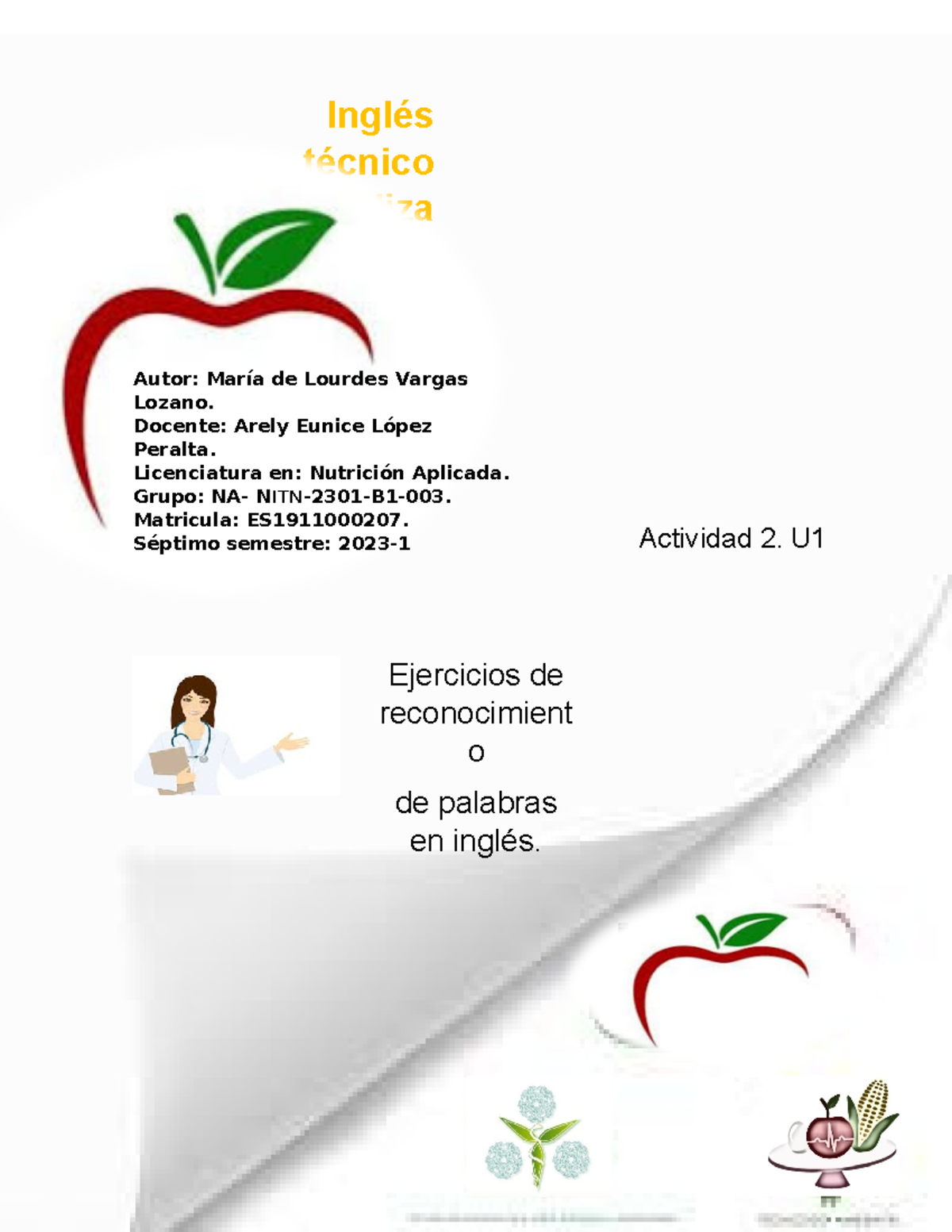 ITN U1 A2 English Vocabulary in Nutrition: Exercises & Meaning - Studocu