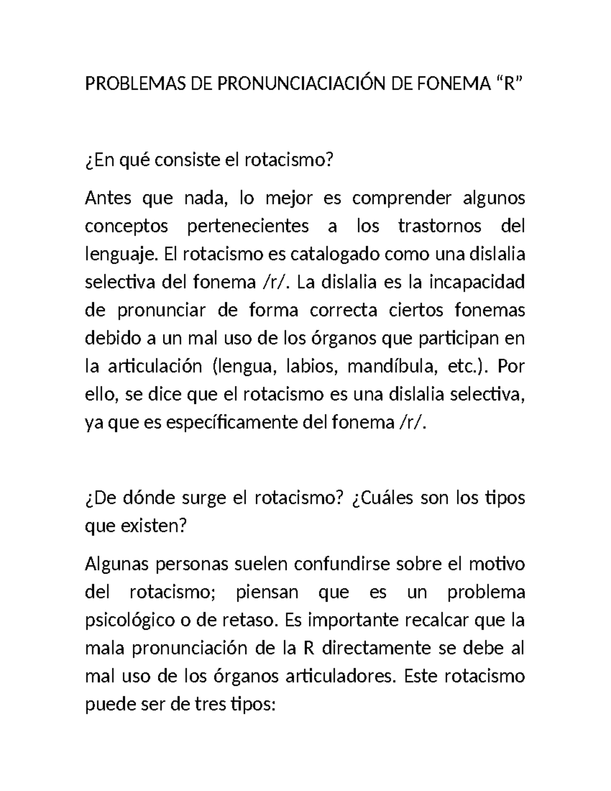 Problemas de Pronunciación del Fonema R: Rotacismo y Ejercicios - Studocu