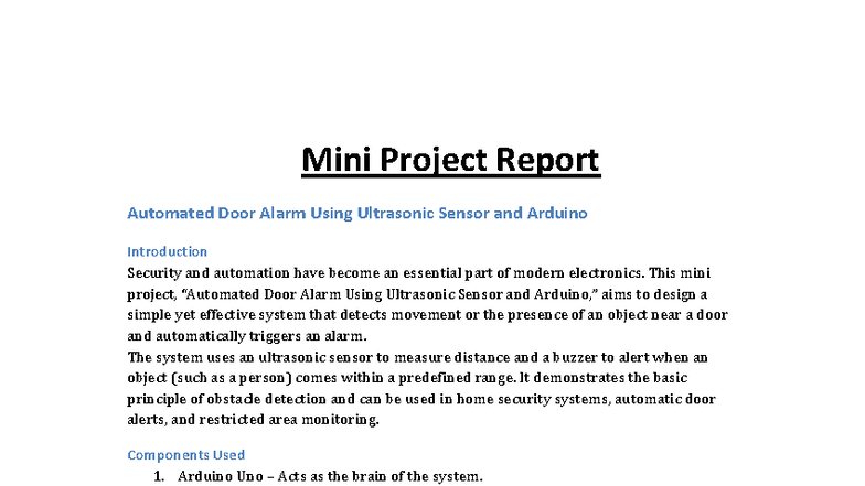 Mini Project Report: Automated Door Alarm Using Arduino - Studocu