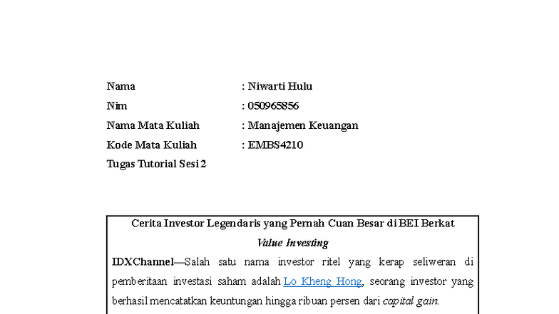 Tugas Tutorial Sesi 2: Kisah Lo Kheng Hong dan Value Investing EMBS4210 ...