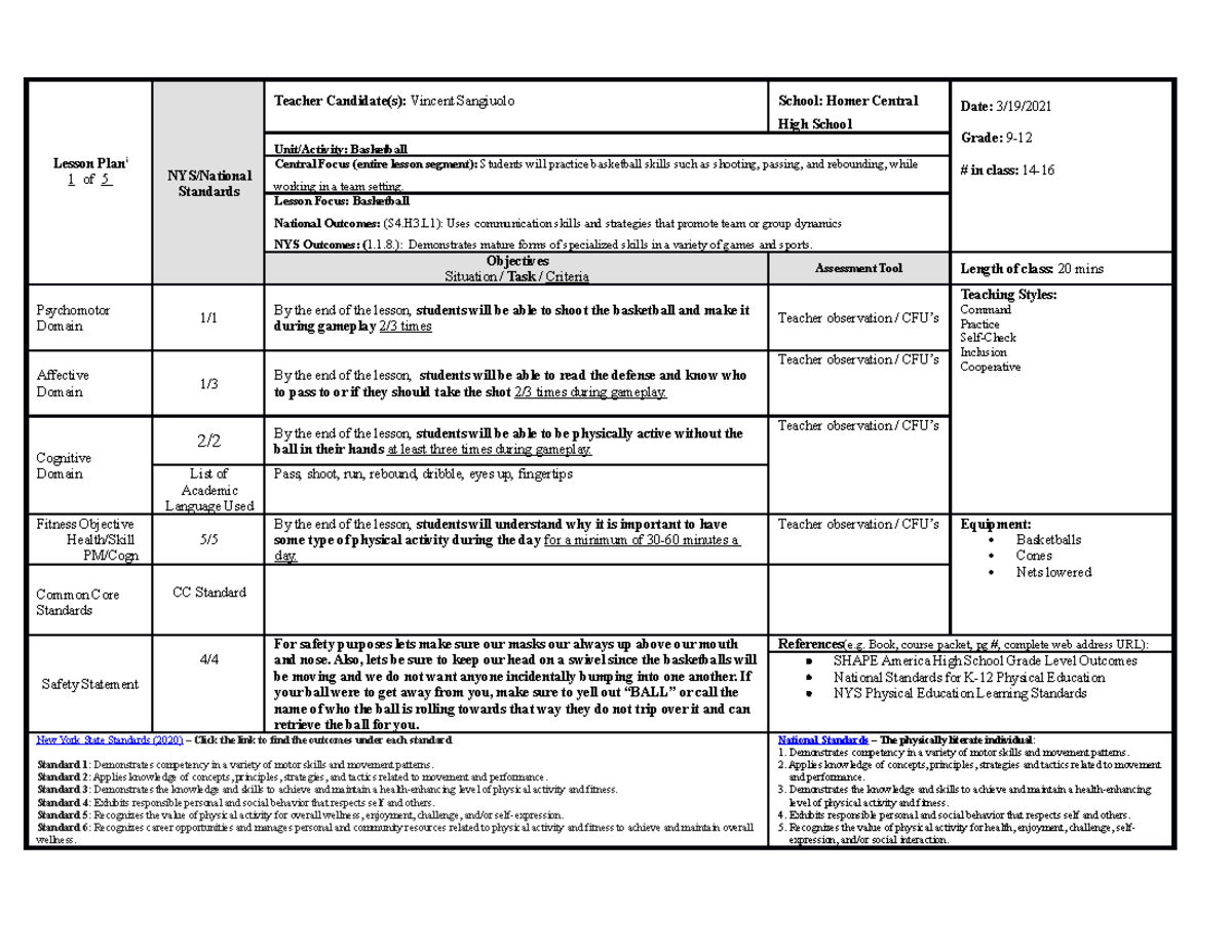 Week 5 Lesson Plan: Basketball Skills for Student Teaching (EDU 101 ...