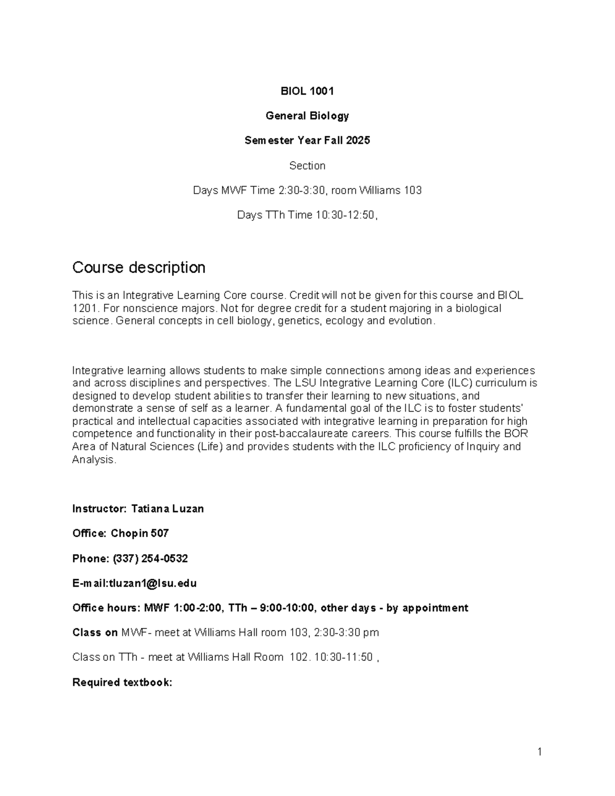 BIOL 1001 General Biology Course Overview & Schedule - Fall 2025 - Studocu