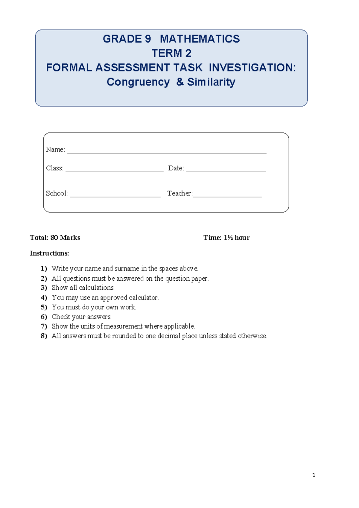 Mathematics Gr 9 Term 2 Exemplar Investigation: Congruency & Similarity ...