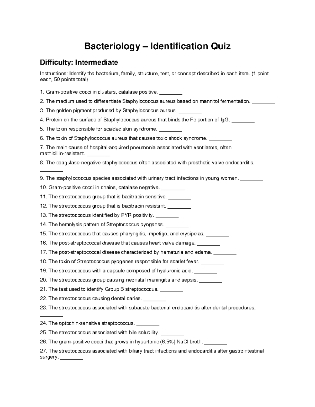 Bacteriology Identification Quiz (Intermediate Level) - Studocu