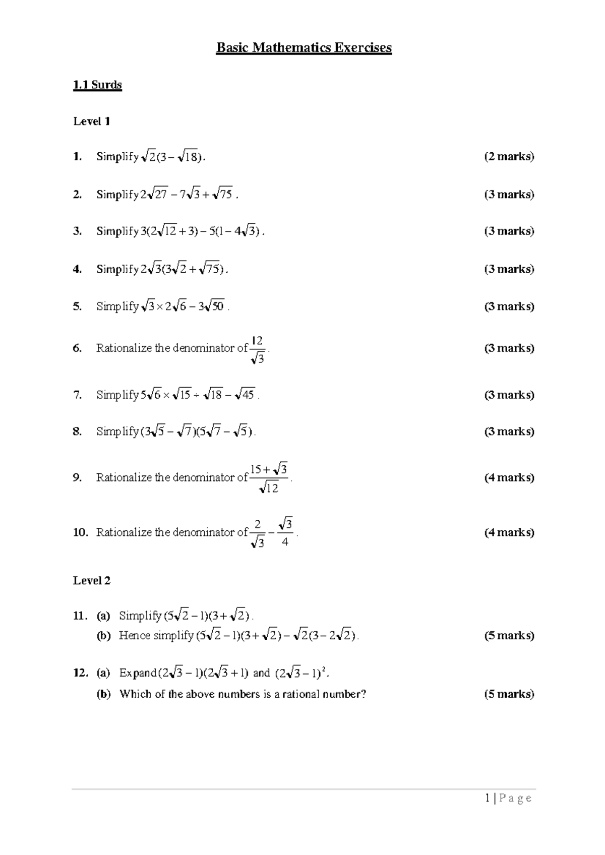 Basic Mathematics Exercises: Surds, Logarithms & Quadratics - Studocu