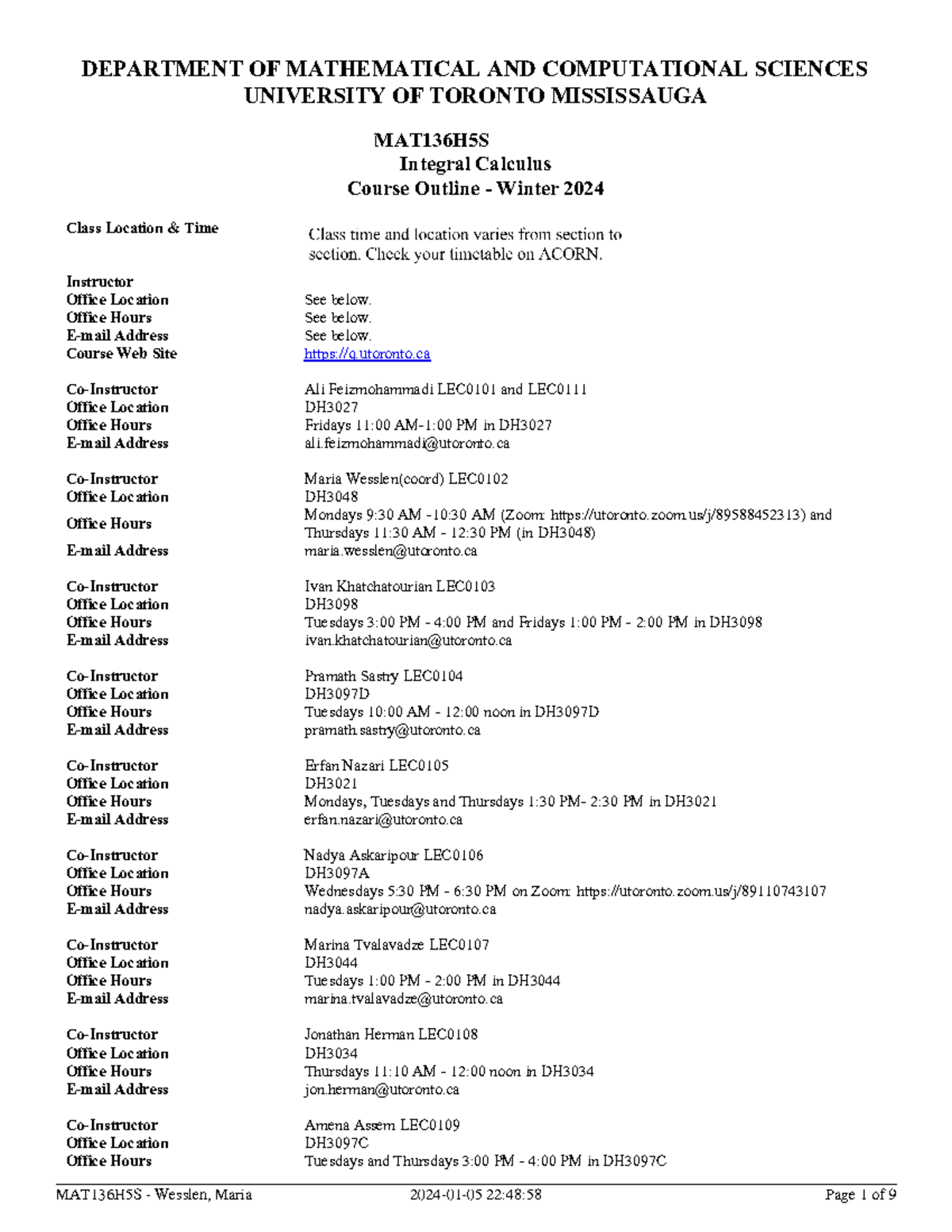 **MAT136H5S Integral Calculus Course Syllabus Winter 2024 UTM** - Studocu