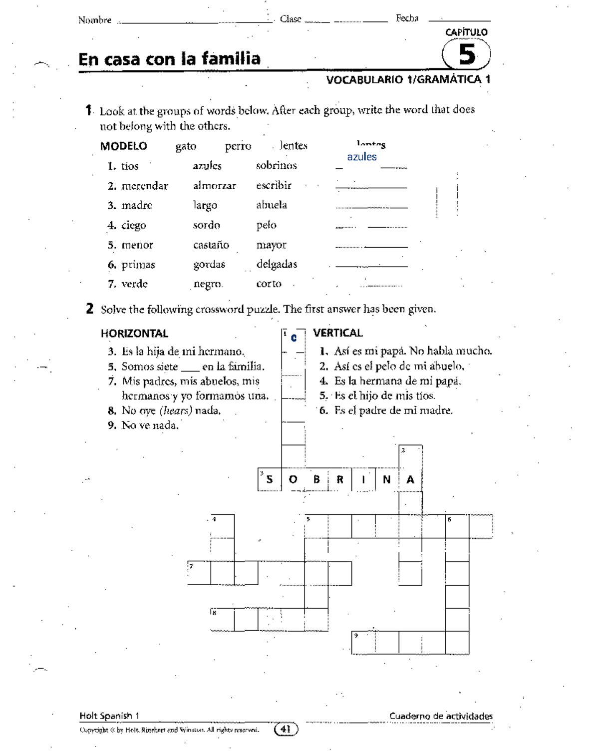 Holt Spanish 1 - Vocabulary Practice: Family Chapter Activities - Studocu