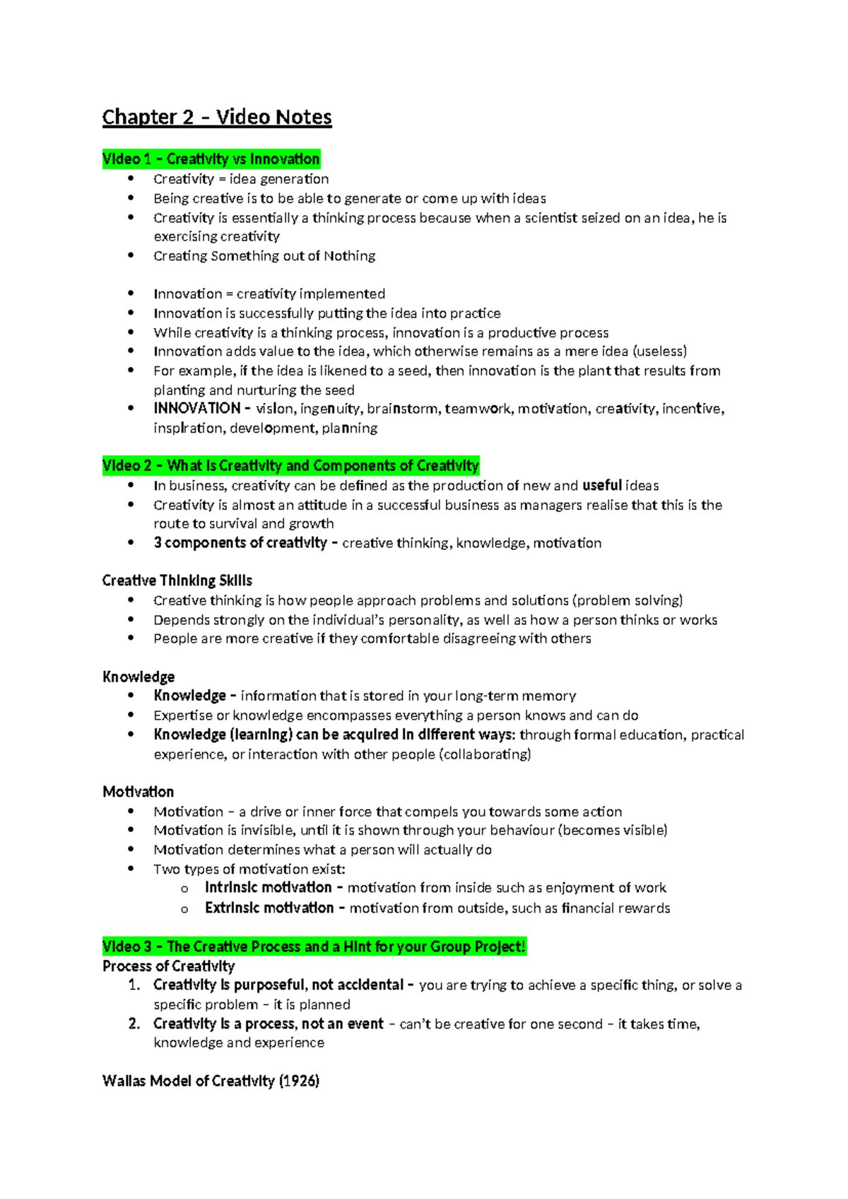 Chapter 2 – Video Notes: Creativity vs Innovation Insights - Studocu