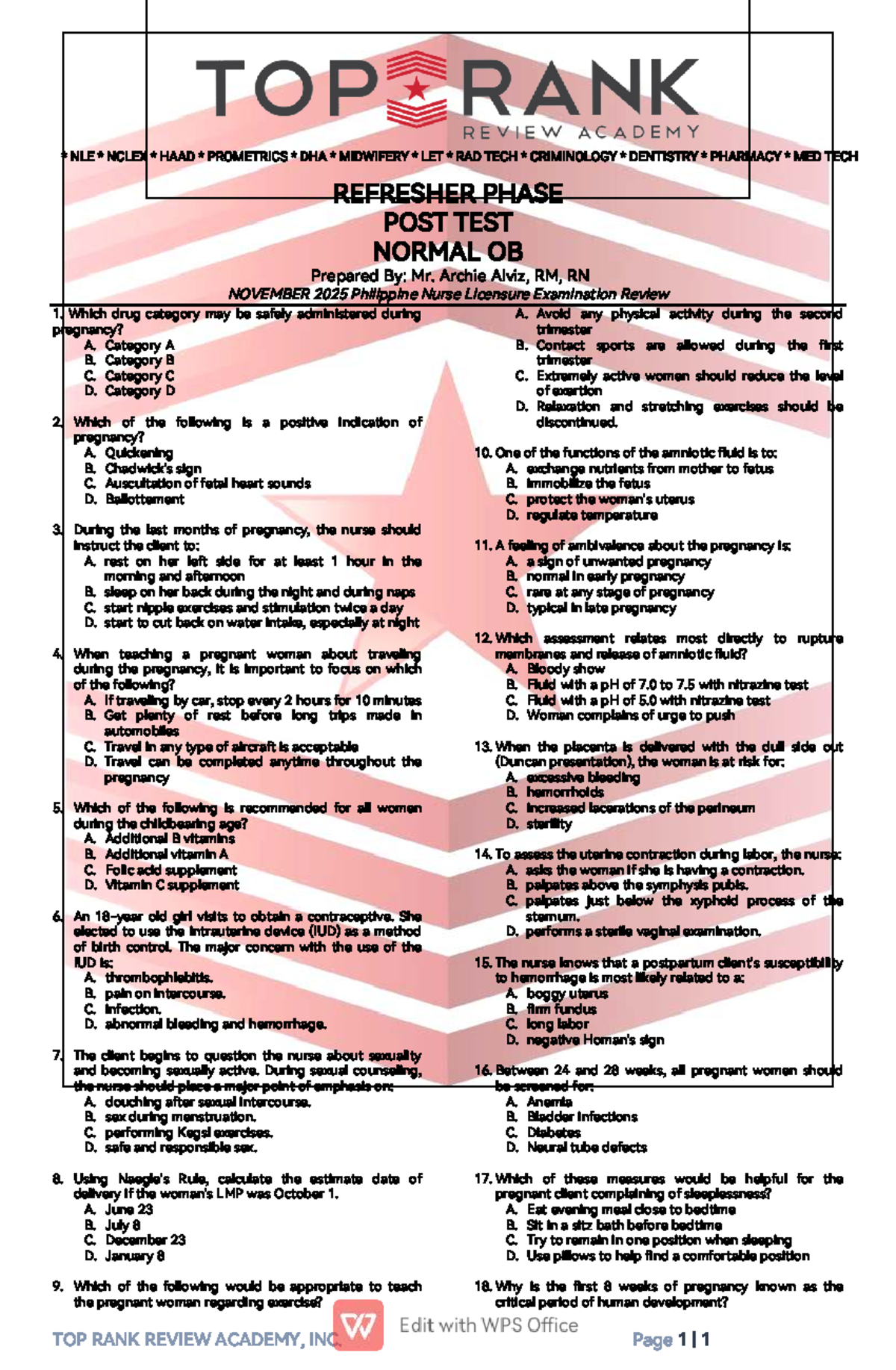 REFRESHER POST TEST: Normal OB for NLE 2025 by Mr. Alviz - Studocu