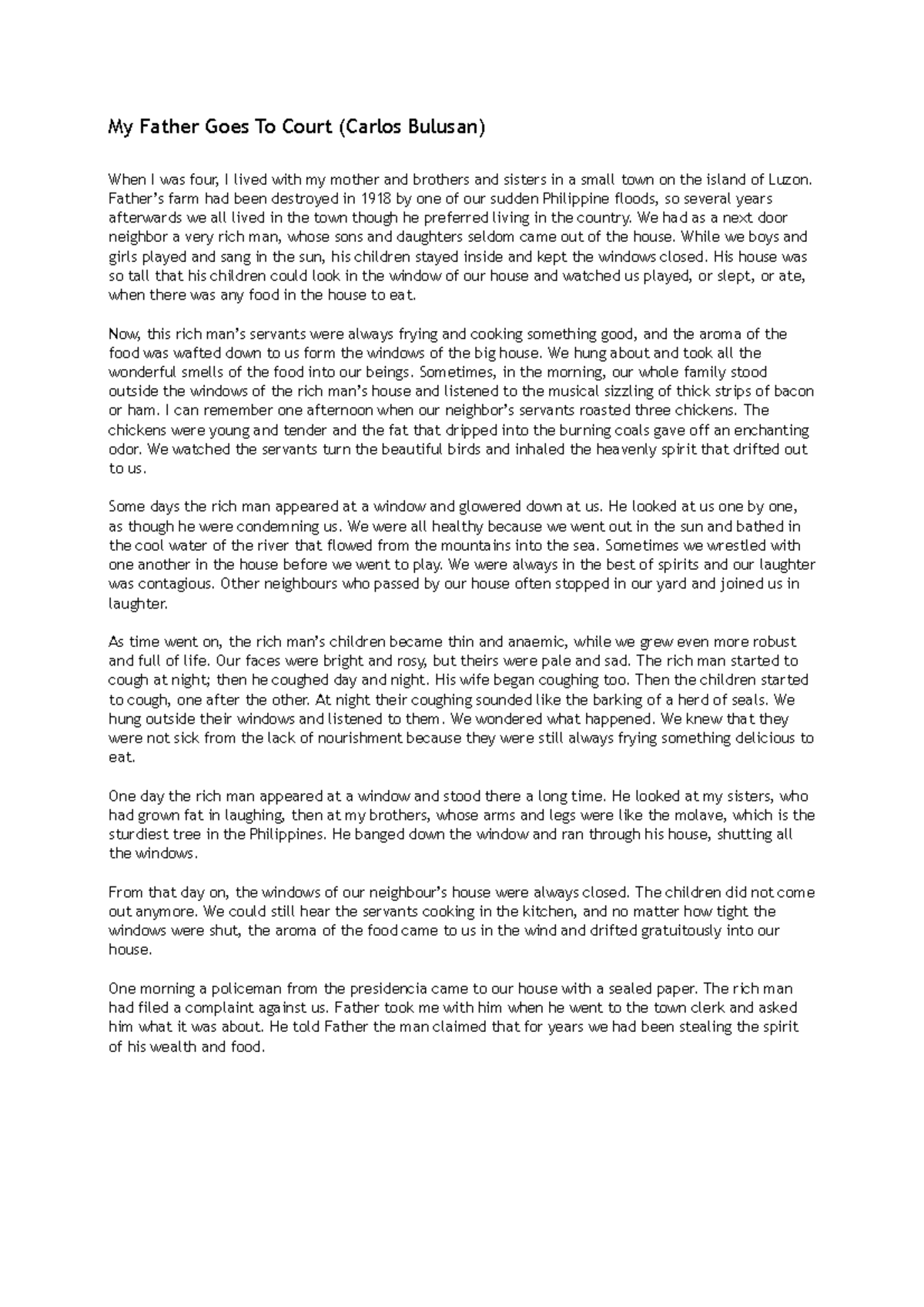 My Father Goes to Court - Analysis of Carlos Bulosan's Narrative - Studocu