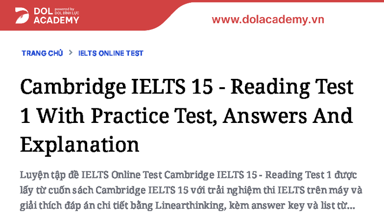 CAM15 - IELTS Reading Test 1: Practice Questions & Answers - Studocu