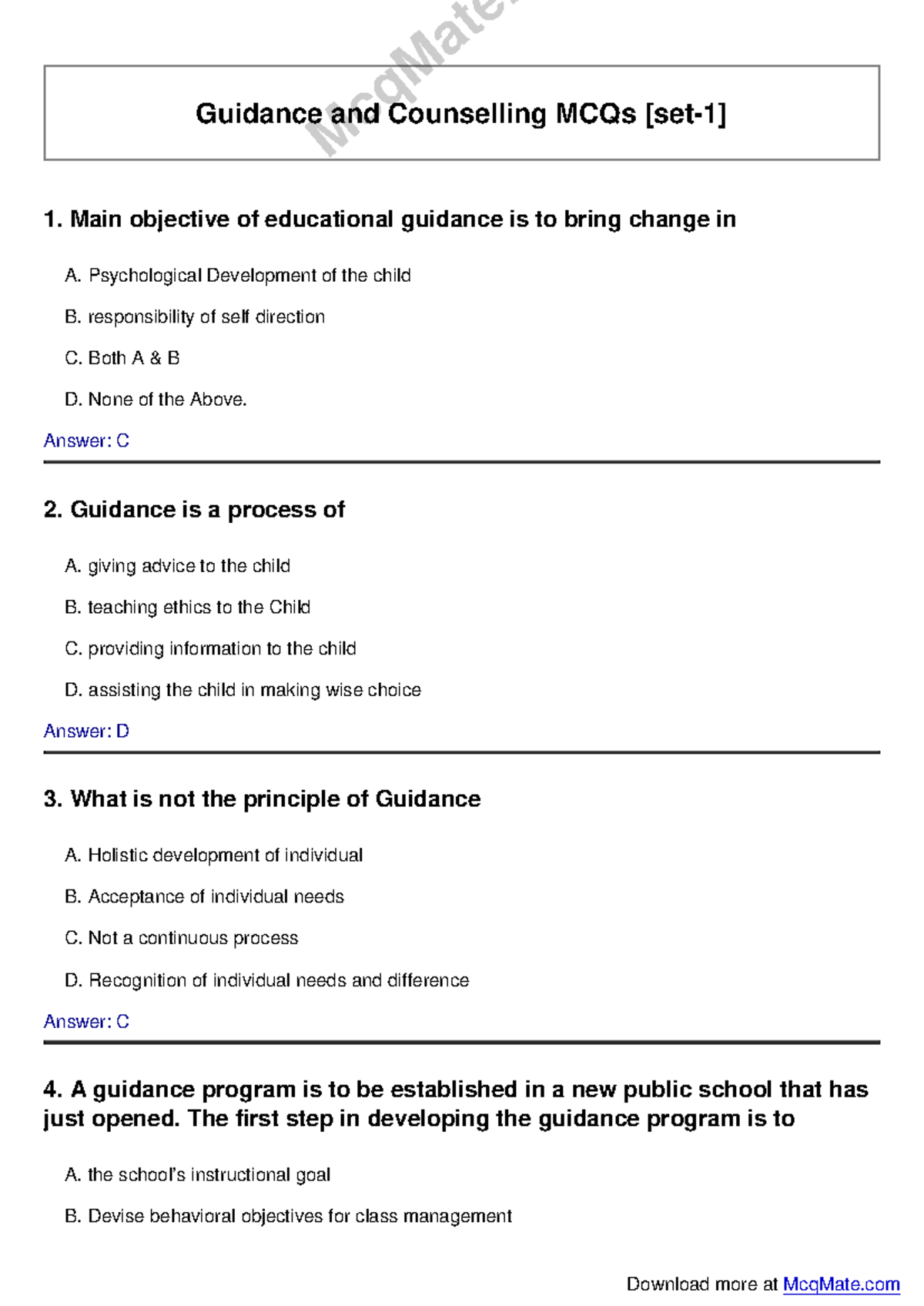 Guidance-and-counselling Solved MCQs [set-1] Mcq Mate - Guidance and Counselling MCQs [set-1] 1 ...