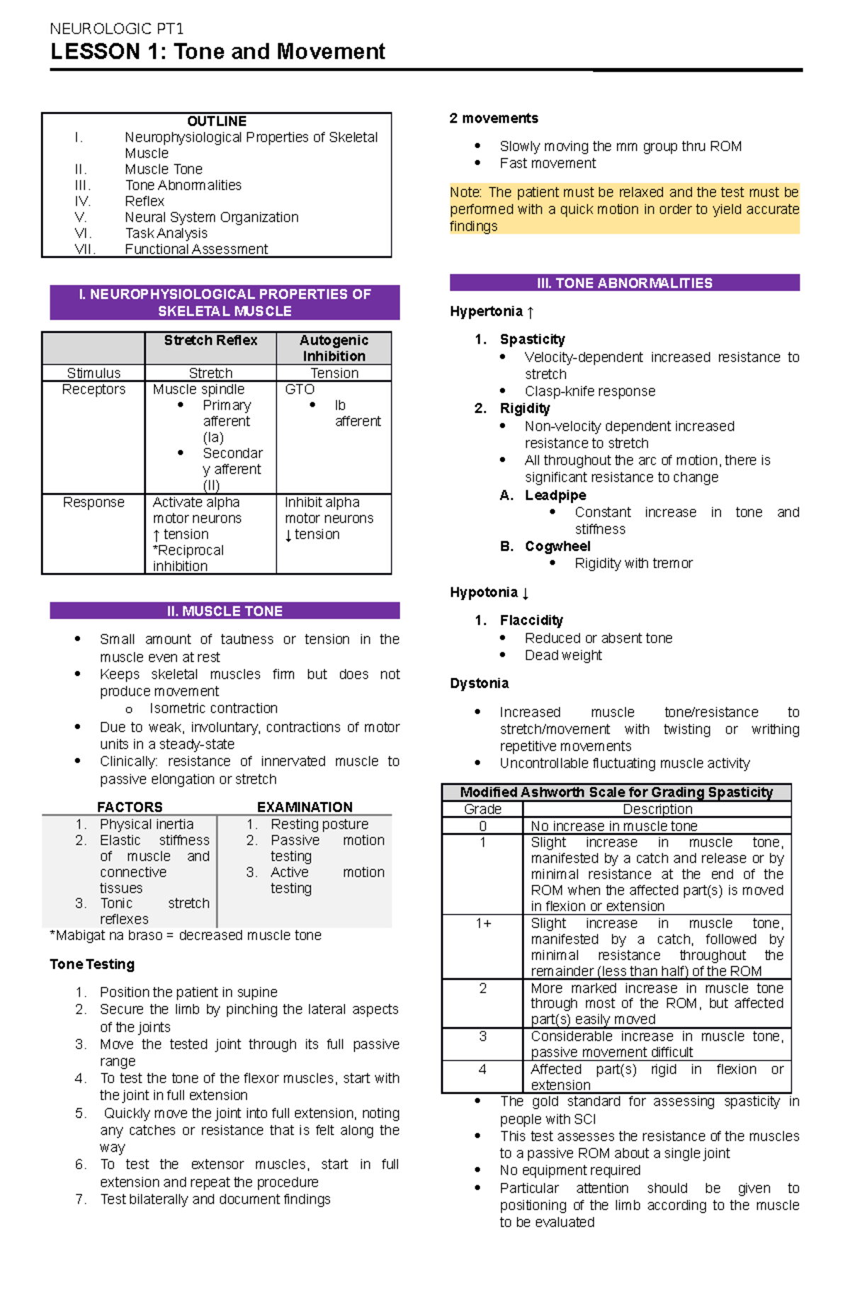 Tone and Movement Lecture Notes - LESSON 1: Tone and Movement OUTLINE I ...