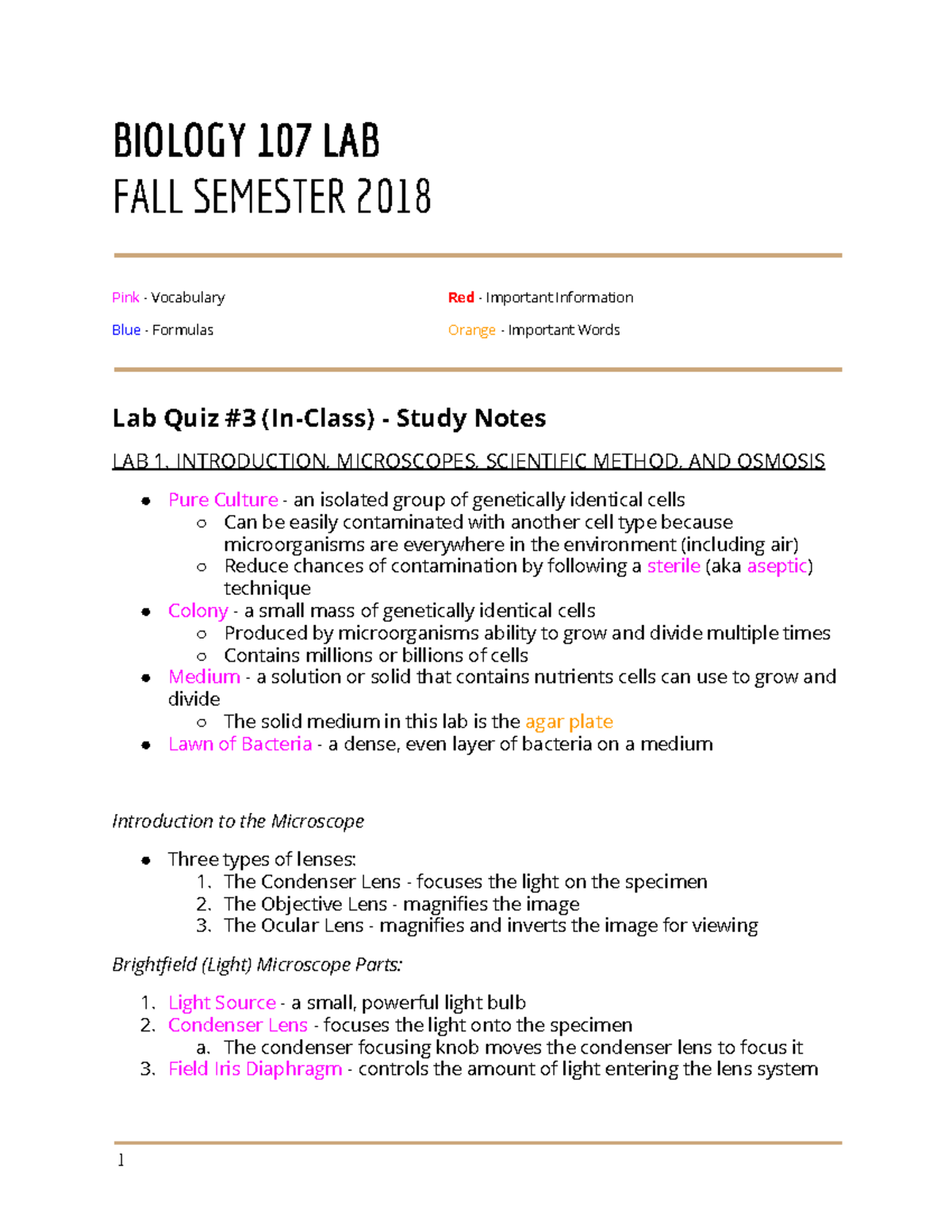 BIOL 107 Lab 1-8 Study Notes for Lab Exam - BIOLOGY 107 LAB FALL ...