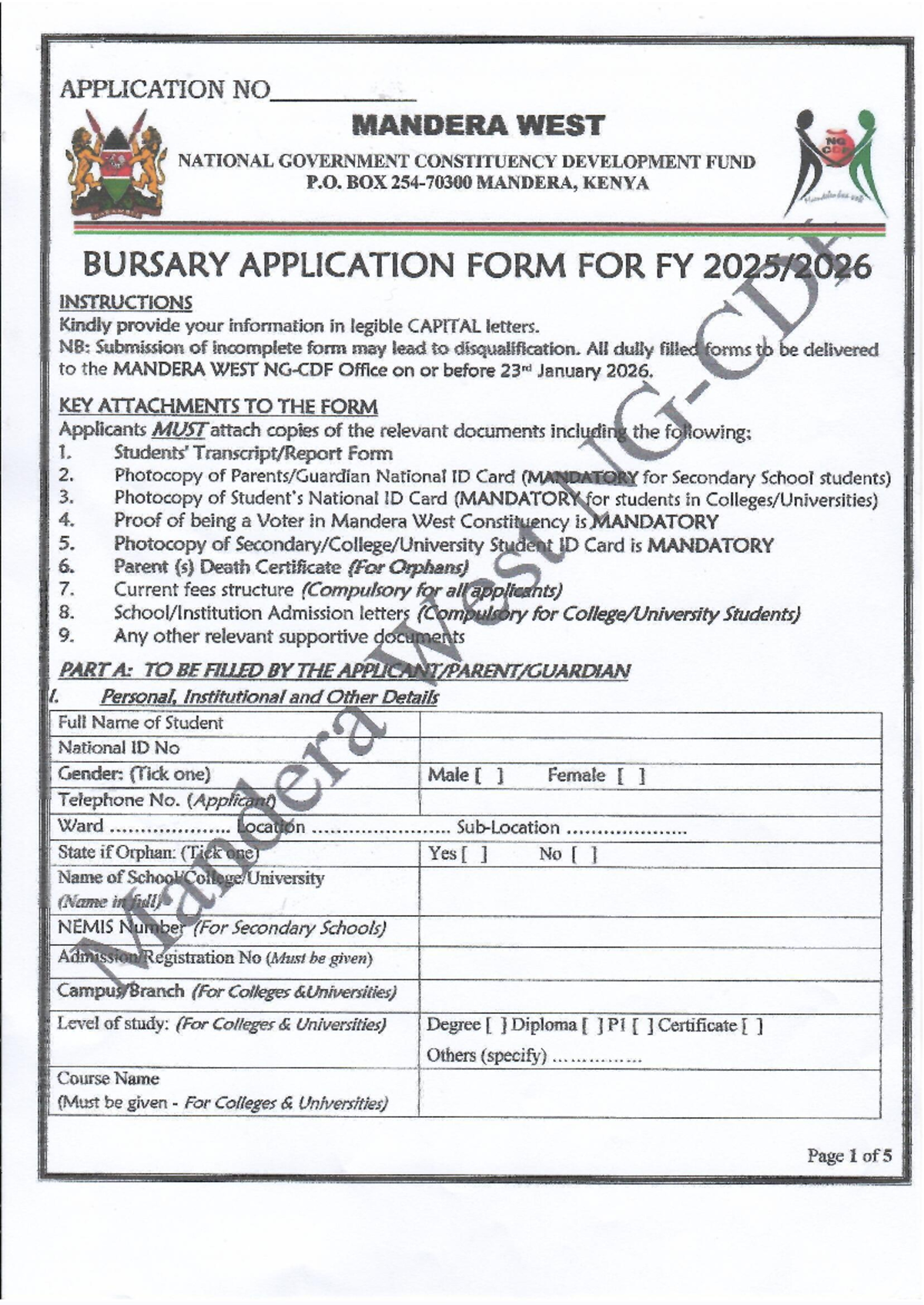 Bursary Application Form - Mandera West NG-CDF FY 2025-2026 - Studocu