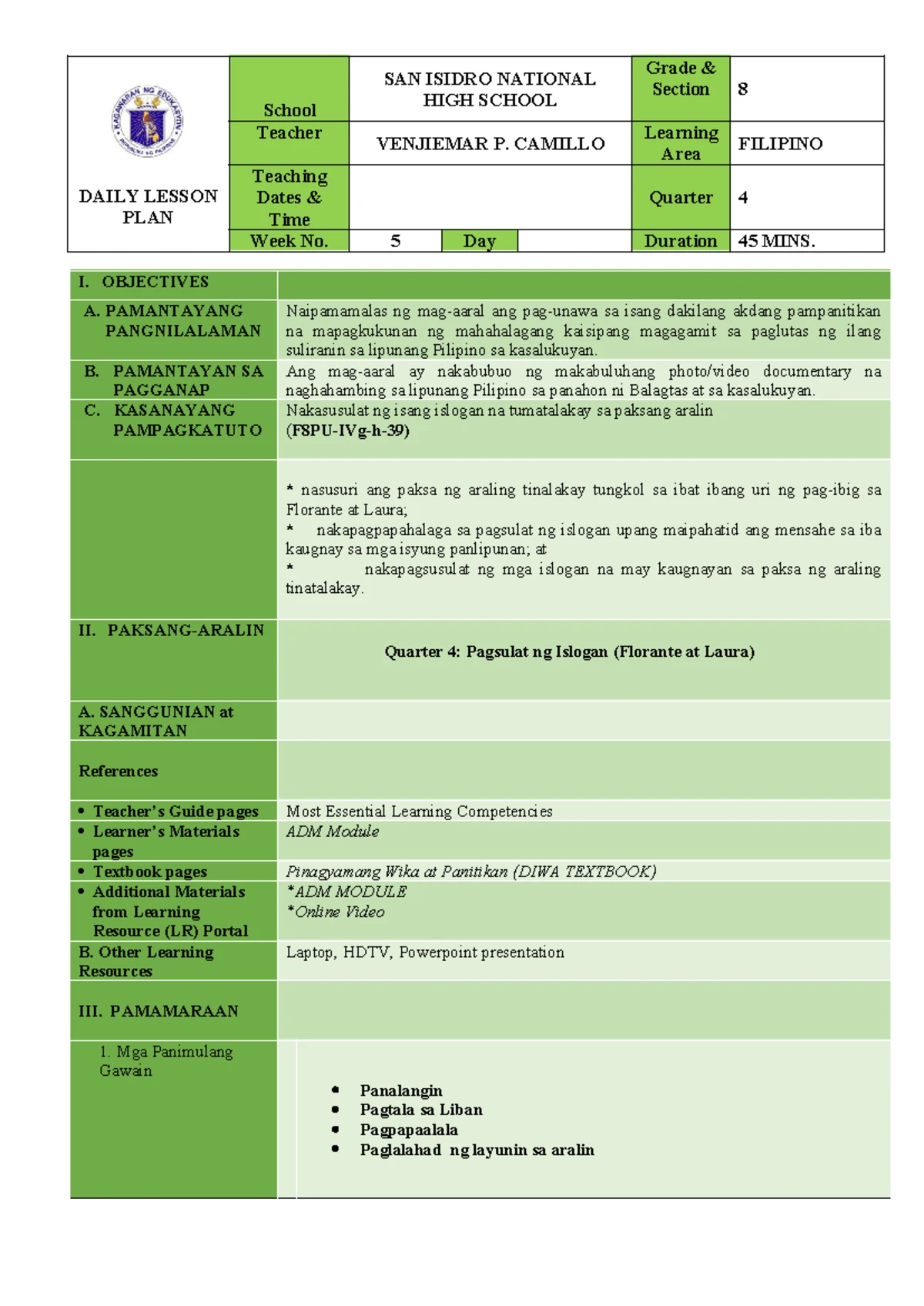 Learning Plan Filipino 8: Multimedia & Informal Communication ...