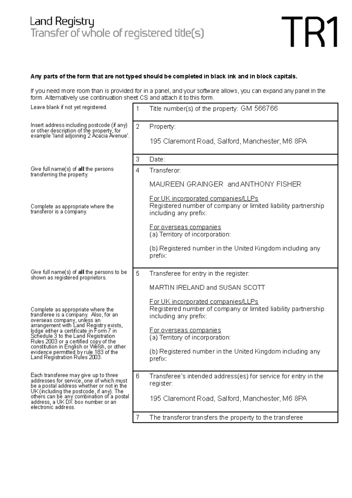 TR1 Form with Second Trustee Appointment - Transfer Details - Studocu