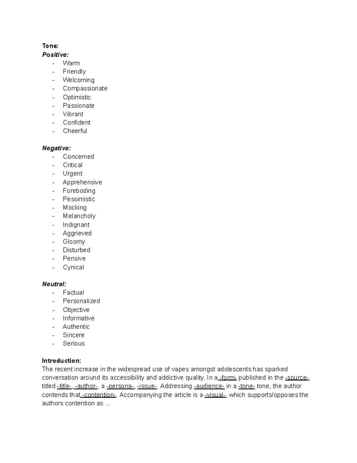 Argument Analysis: Tone and Its Impact on Adolescent Vape Use - Studocu