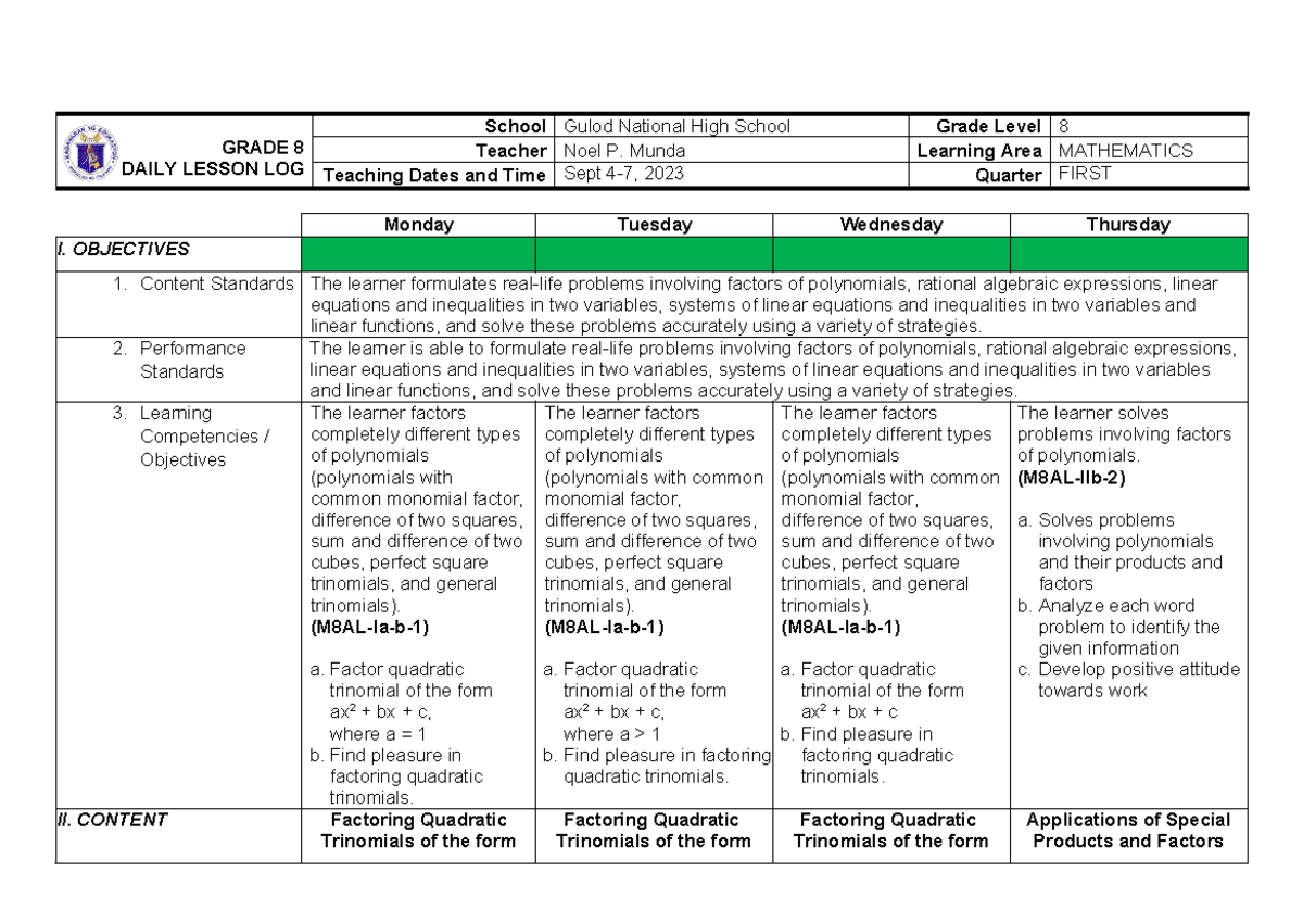 G8DLL Q1W2 - Daily Lesson Log for Grade 8 Mathematics - Studocu