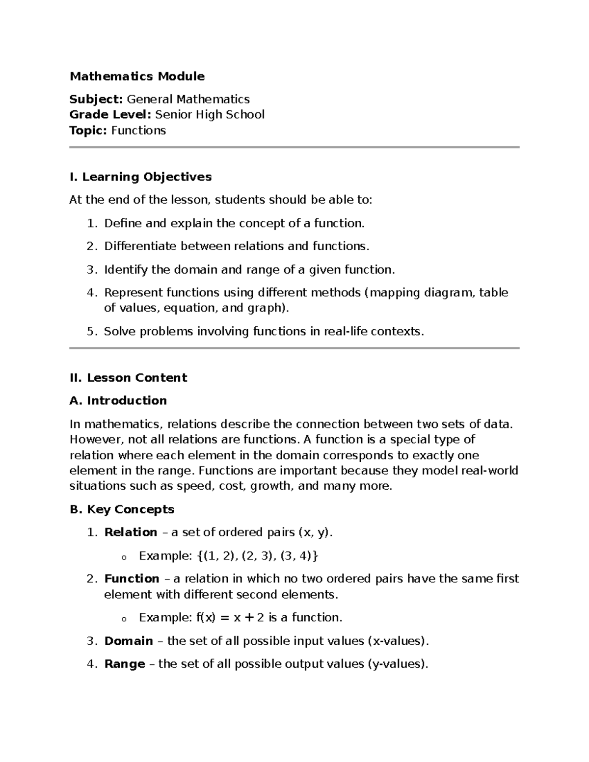 MATH Module: Functions - Understanding Relations and Their ...