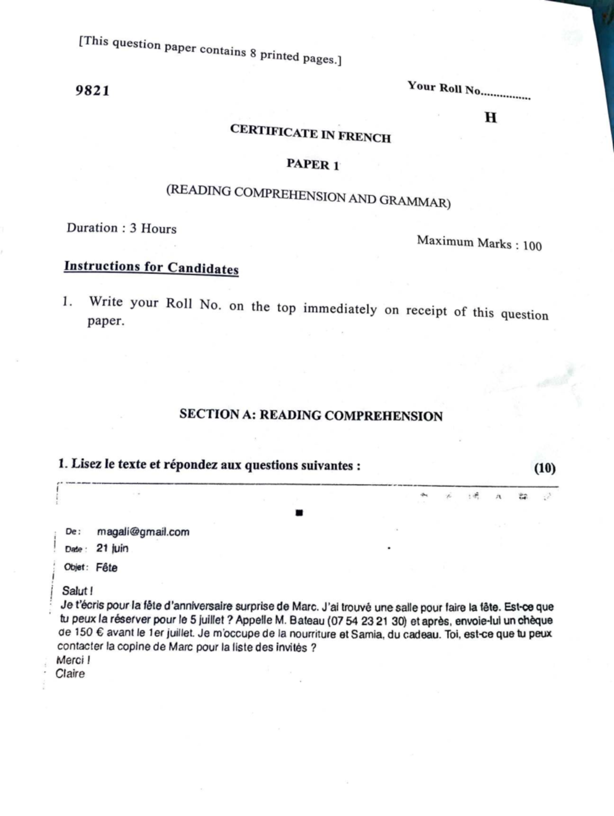 CERTIFICATE IN FRENCH PAPER 1: READING COMPREHENSION & GRAMMAR - Studocu