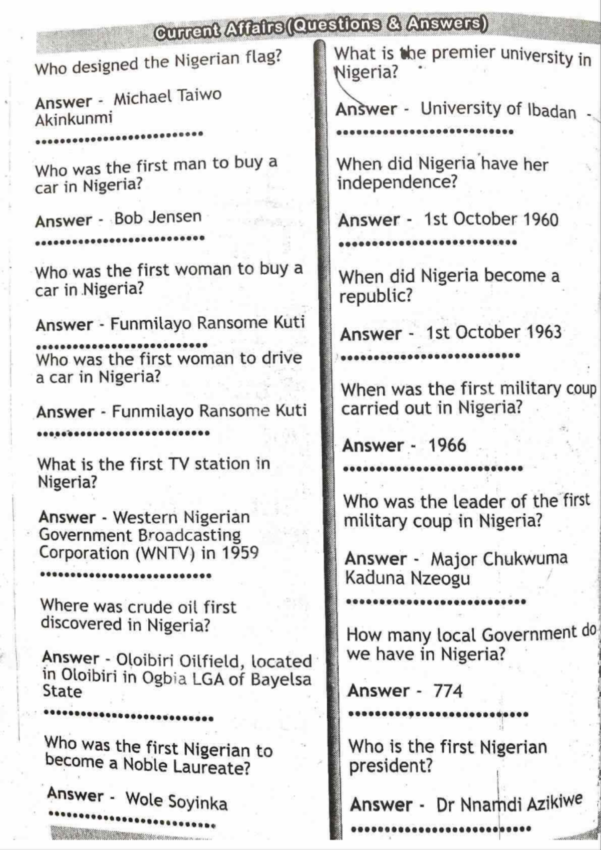 Current Affairs & General Knowledge Q&A for Nigeria (CA 101) - Studocu