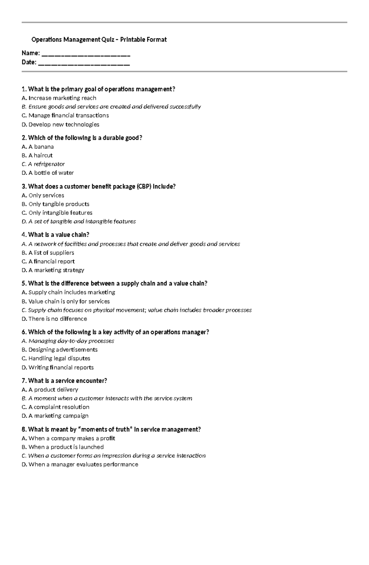 Operations Management Quiz: Key Concepts and Definitions - Studocu